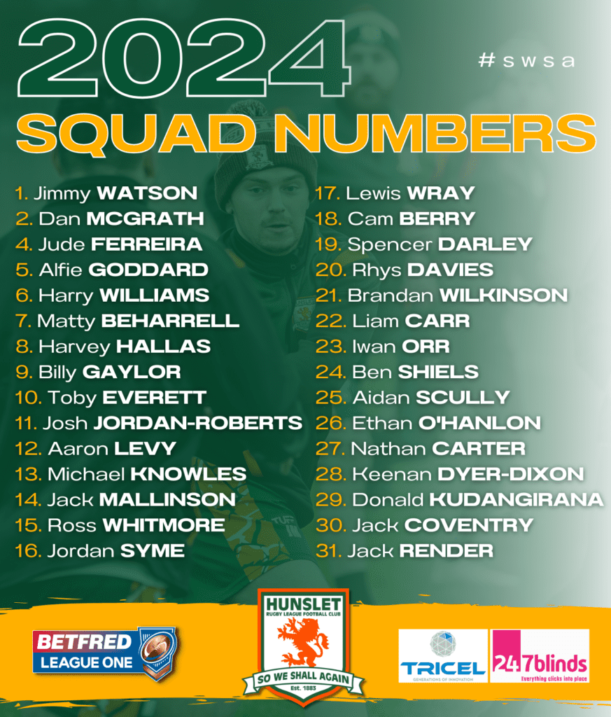 2024 squad numbers revealed - Hunslet RLFC